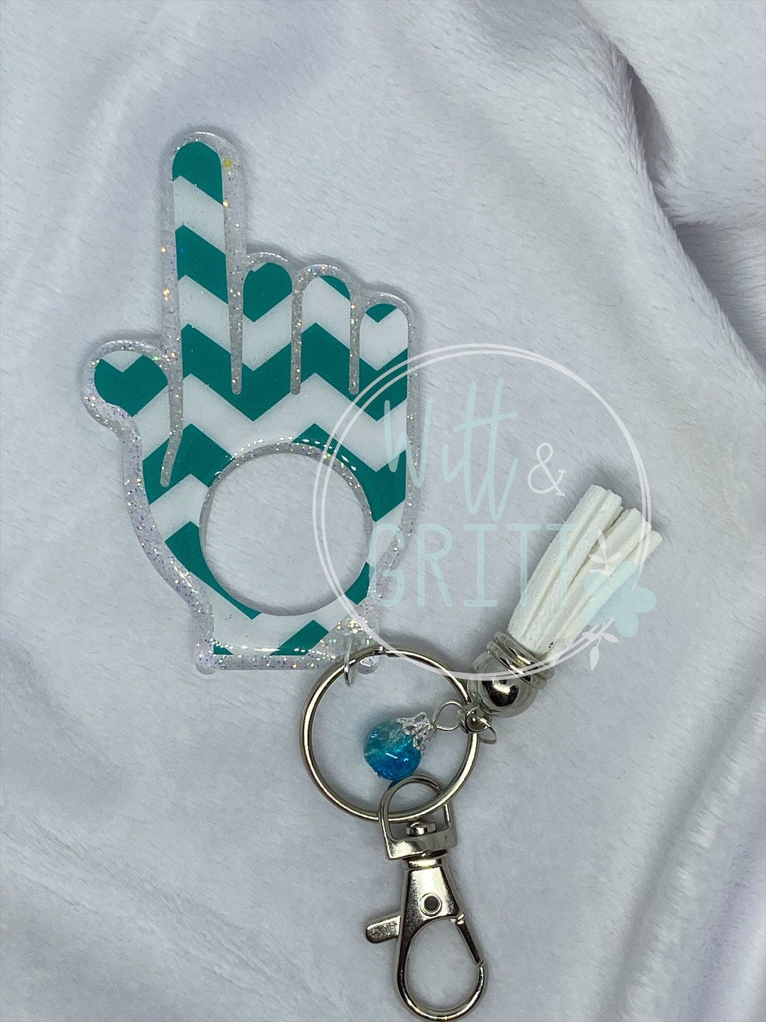 Teal Chevron Button Pusher Keychain - Etsy