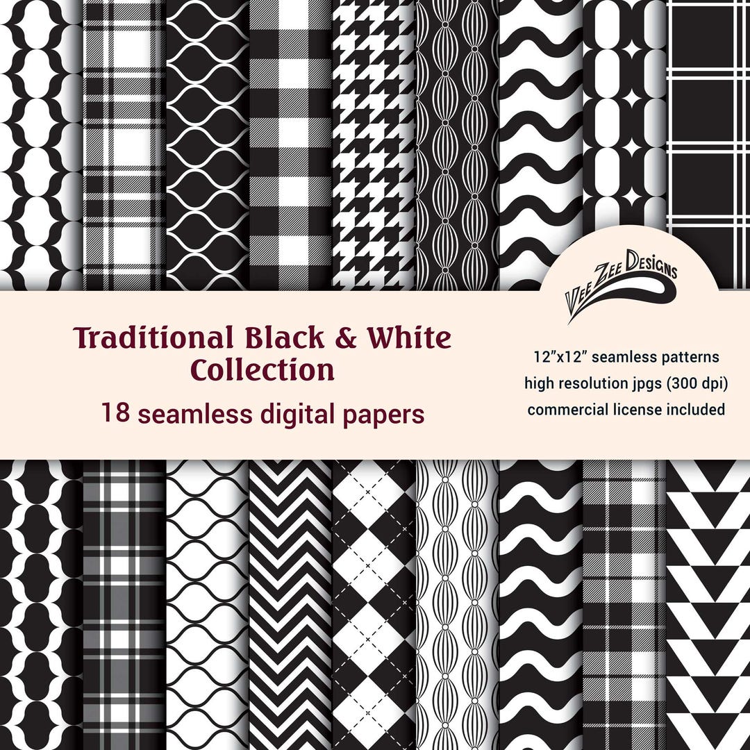 Black White Digital Papers Seamless Traditional Geometric Shapes ...