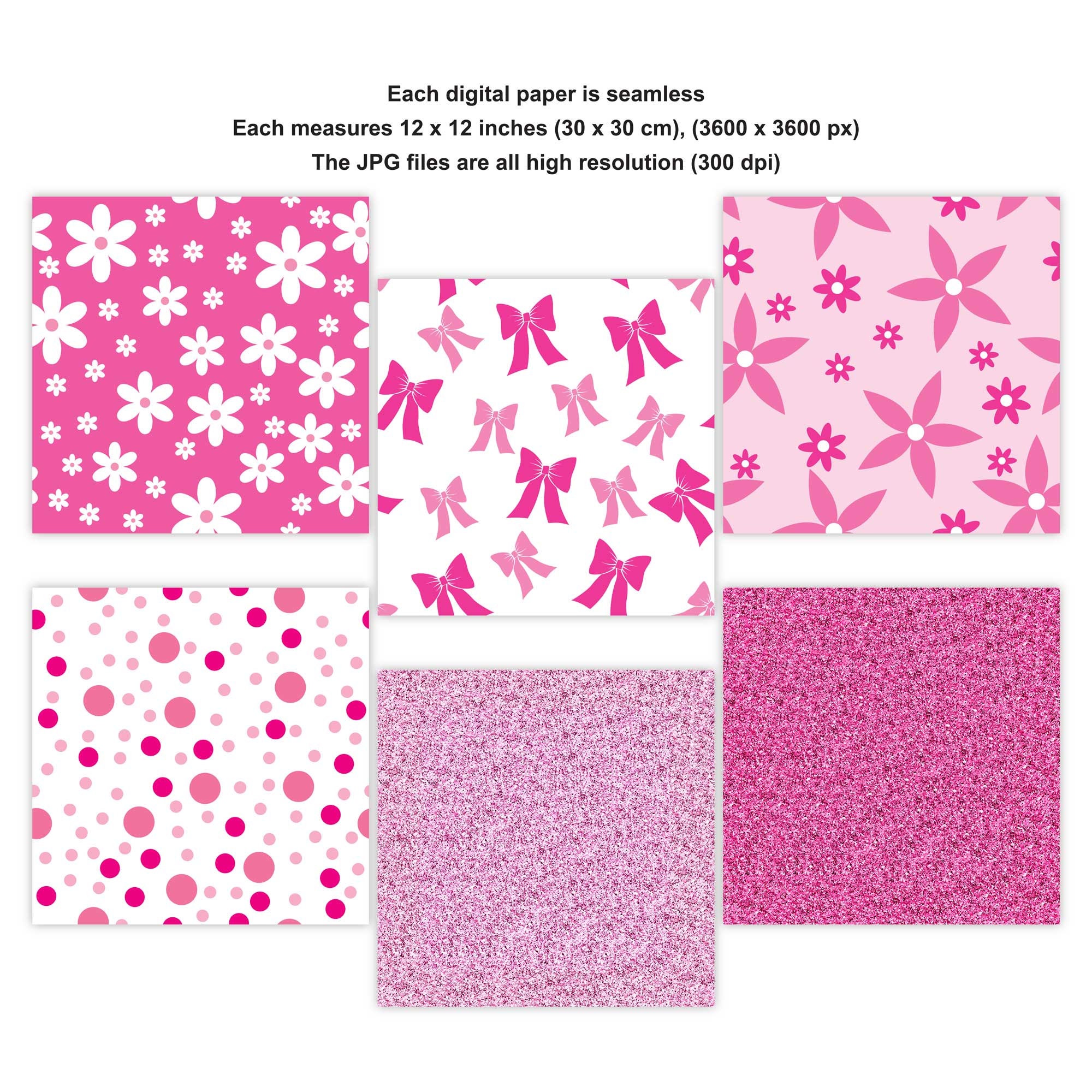 Pink Pattern Digital Papers Seamless Bows Stars Flowers Glitter ...
