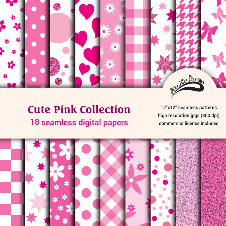 Pink Pattern Digital Papers Seamless Bows Stars Flowers Glitter ...