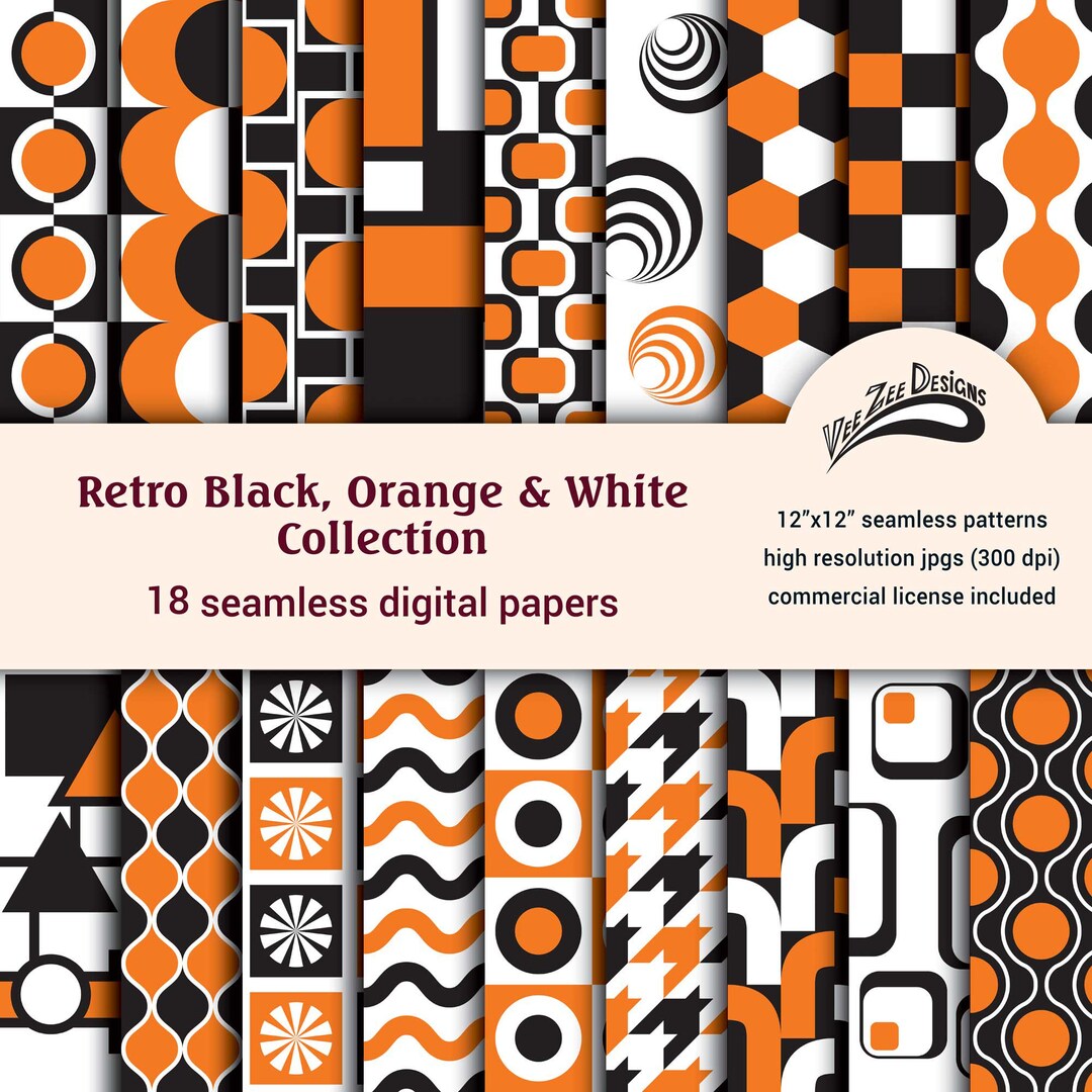 Retro Orange Black White Digital Paper Seamless Geometric Sublimation ...