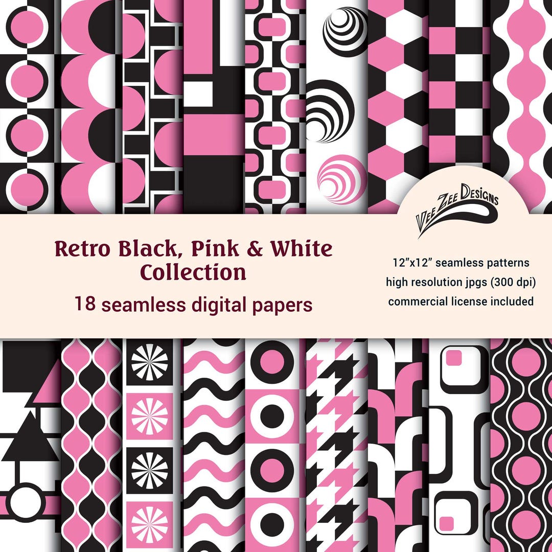 Retro Black Pink and White Digital Papers Seamless Sublimation Repeat ...