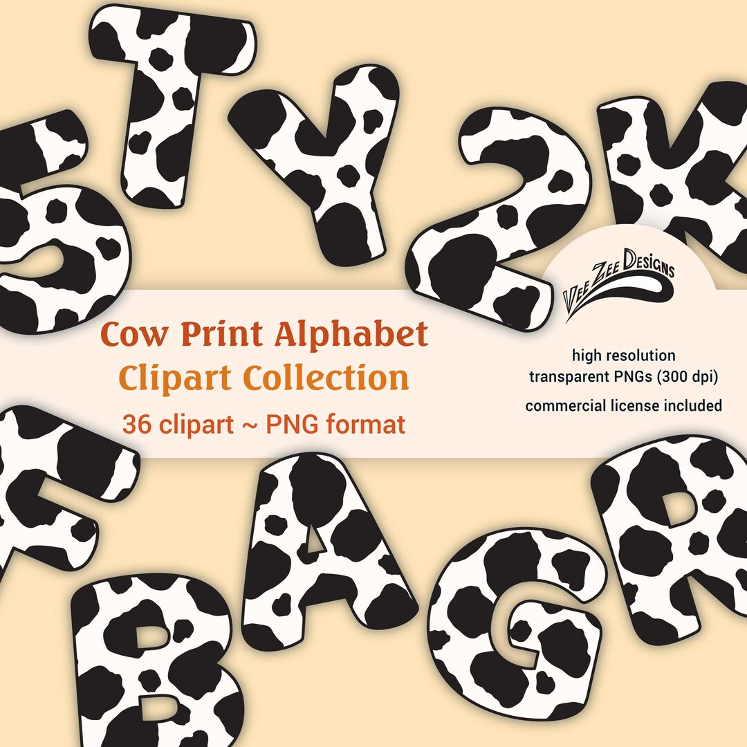 Cow Print Alphabet Letters PNG Initital Clipart Black White Bundle Pack ...