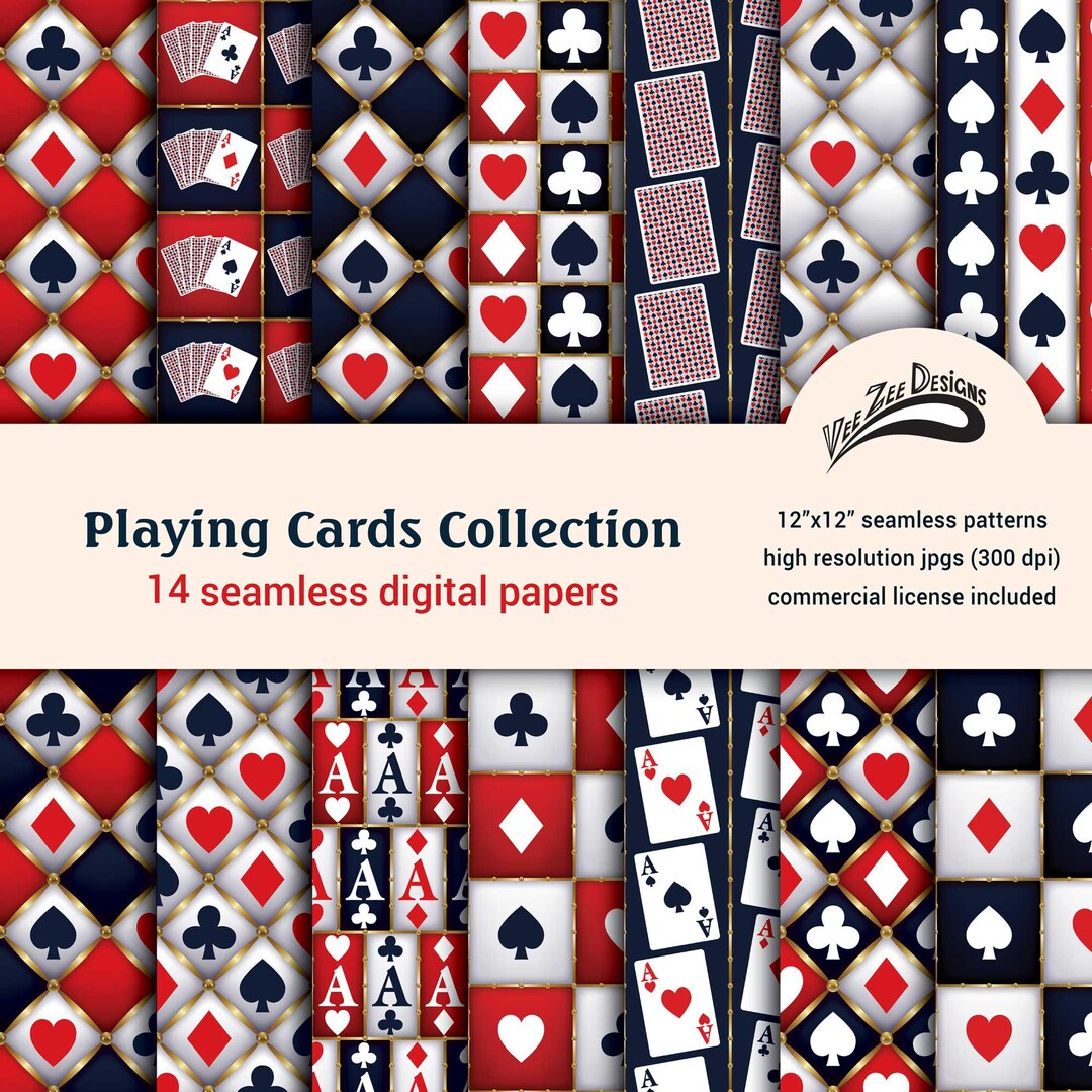 Casino Poker Playing Cards Digital Paper Seamless Gold Red Black ...