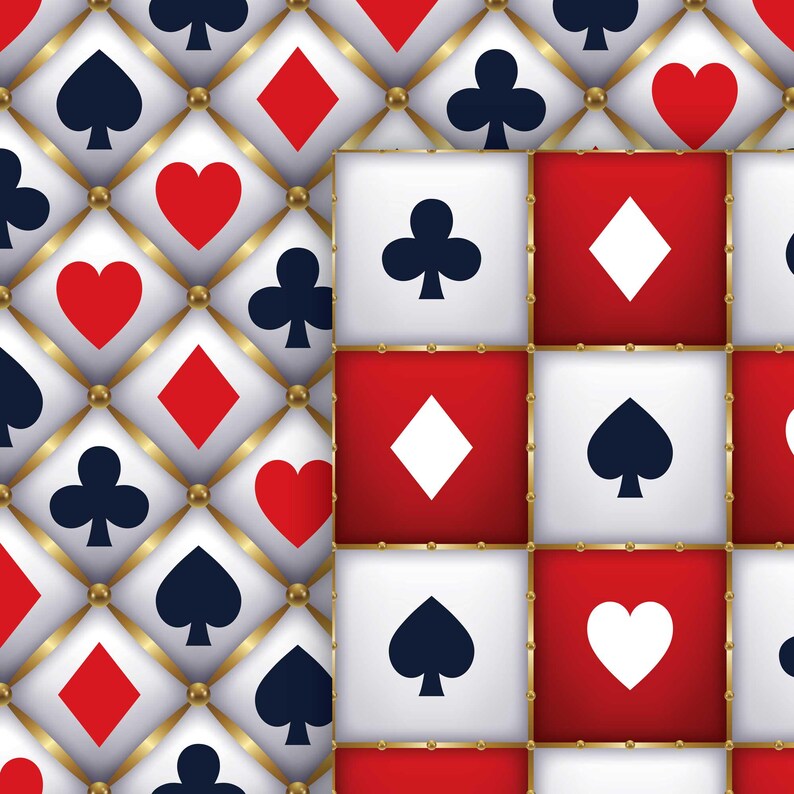Casino Poker Playing Cards Digital Paper Seamless Gold Red Black ...