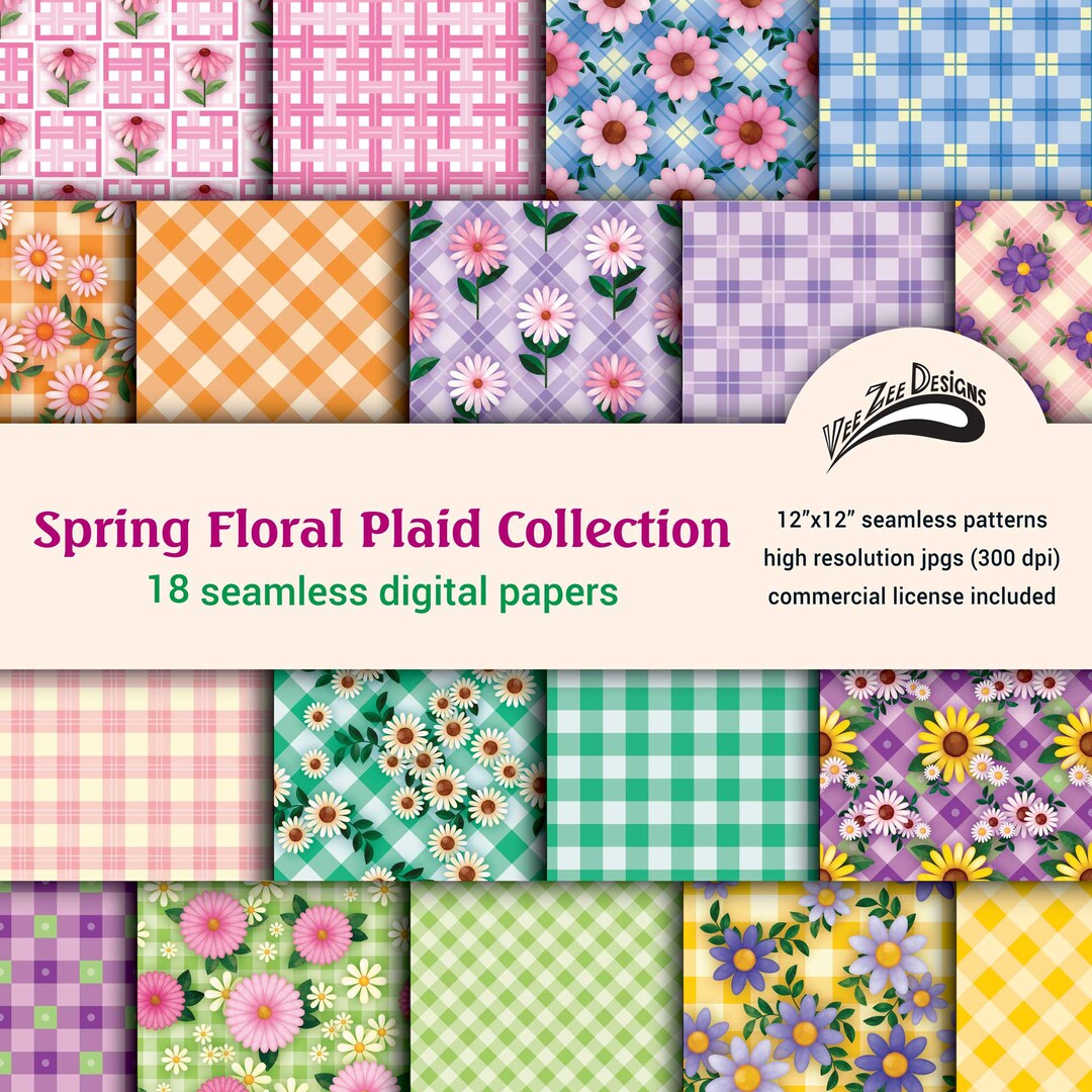 Floral Plaid Digital Papers Seamless Pastel Spring Flower Checks ...