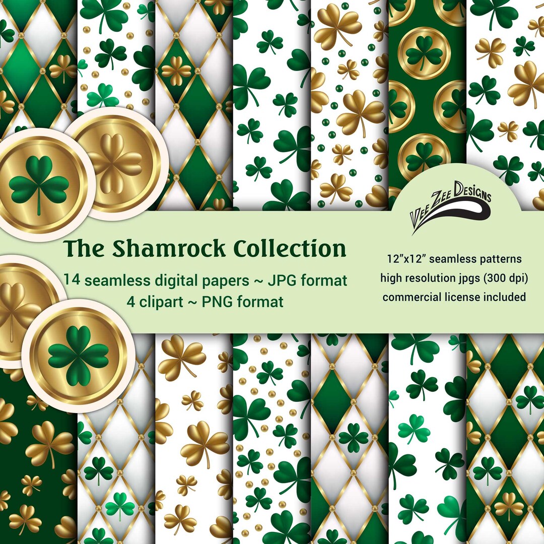 St Patricks Day Digital Papers Seamless Pattern Bundle Paper Pack Gold ...