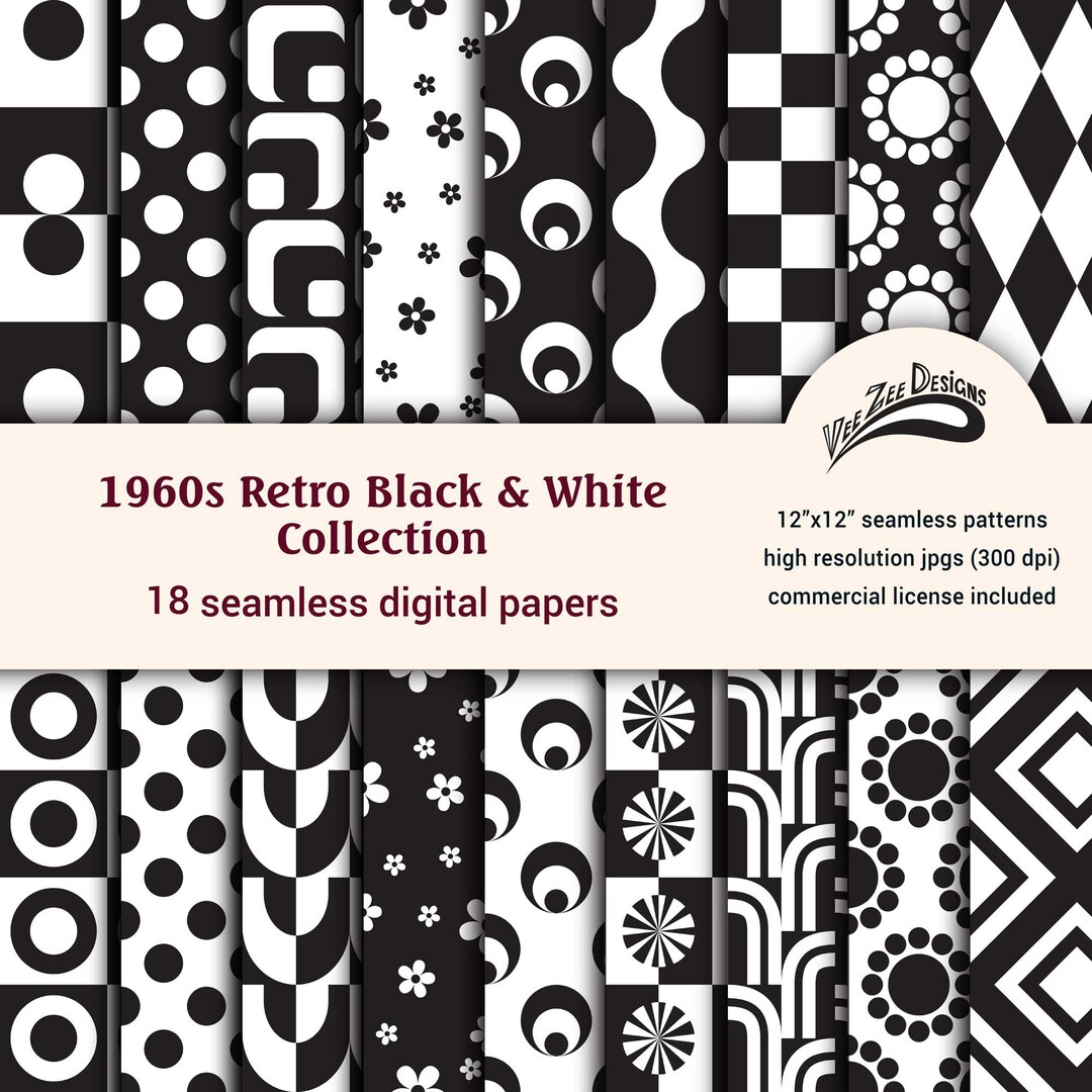 Retro Black and White Digital Papers Seamless Geometric Sublimation ...