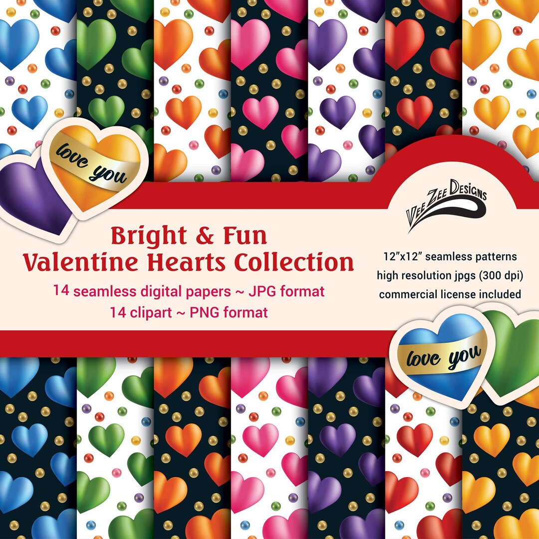 Rainbow Valentine Heart Digital Papers Seamless Sublimation Patterns ...