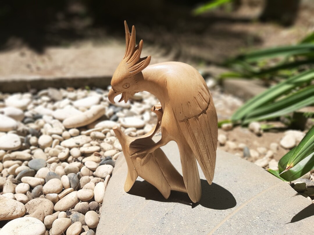 Wooden Hand Carved Cockatoo Bird With Fruit Sculpture | Crocodile Wood ...