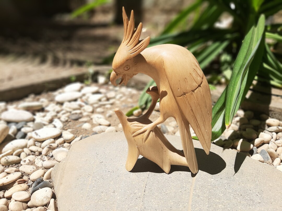 Wooden Hand Carved Cockatoo Bird With Fruit Sculpture | Crocodile Wood ...