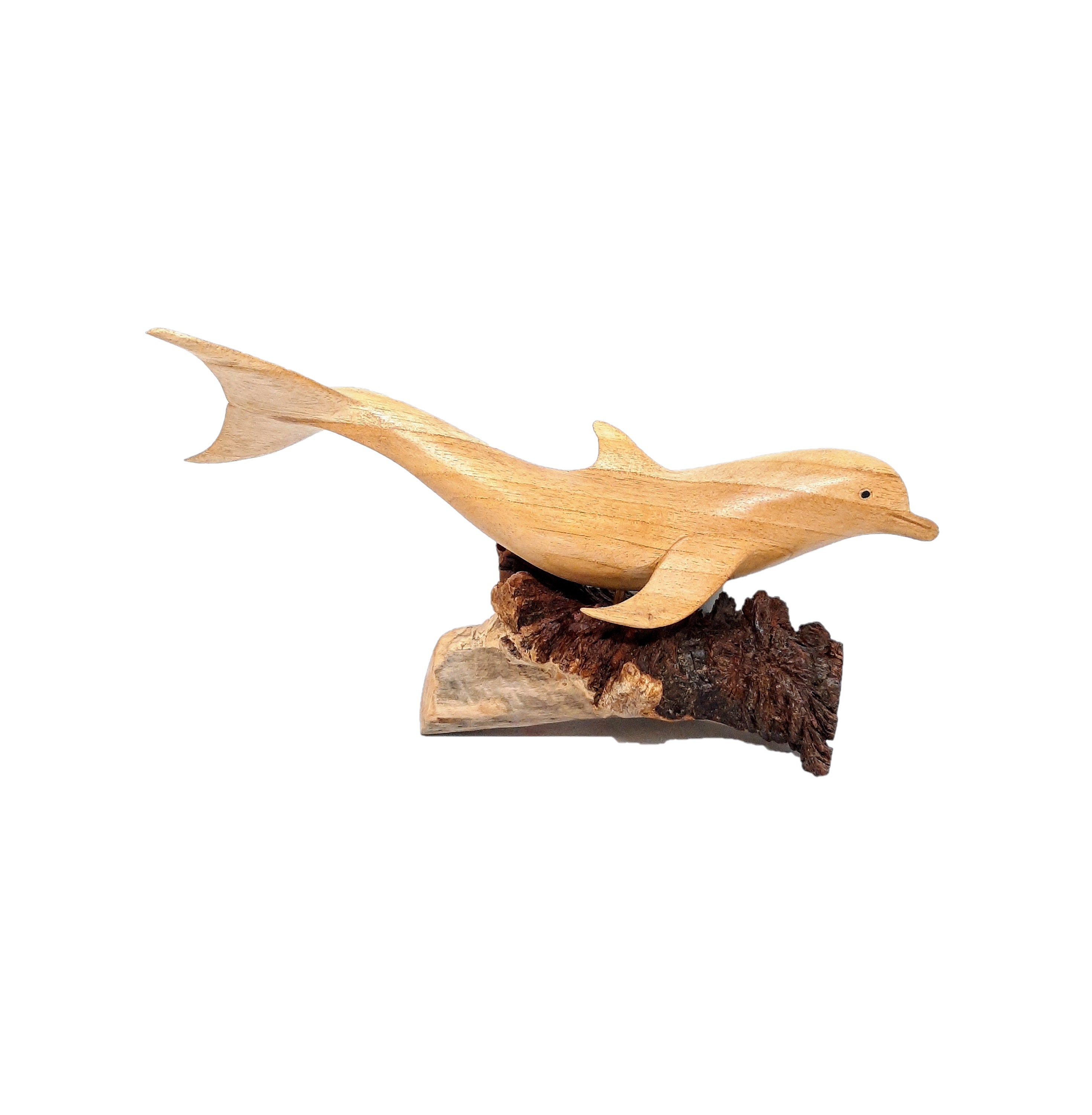 Wooden Dolphin Sculpture on Parasite Wood | 12" Inch Long Hand Carved ...