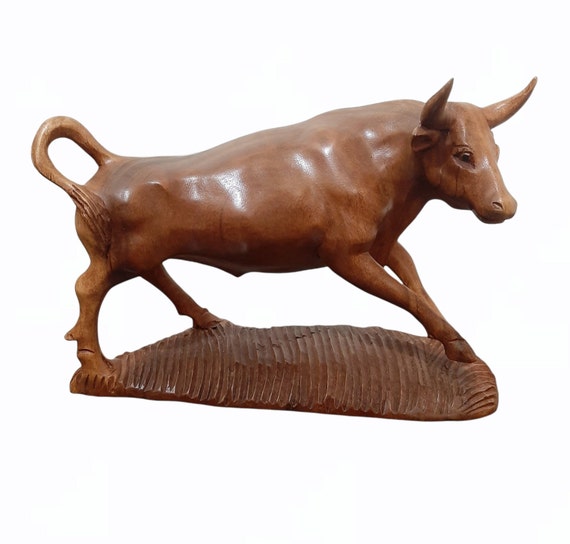Hand Carved Charging Bull Wood Sculpture on Single Balinese | Etsy