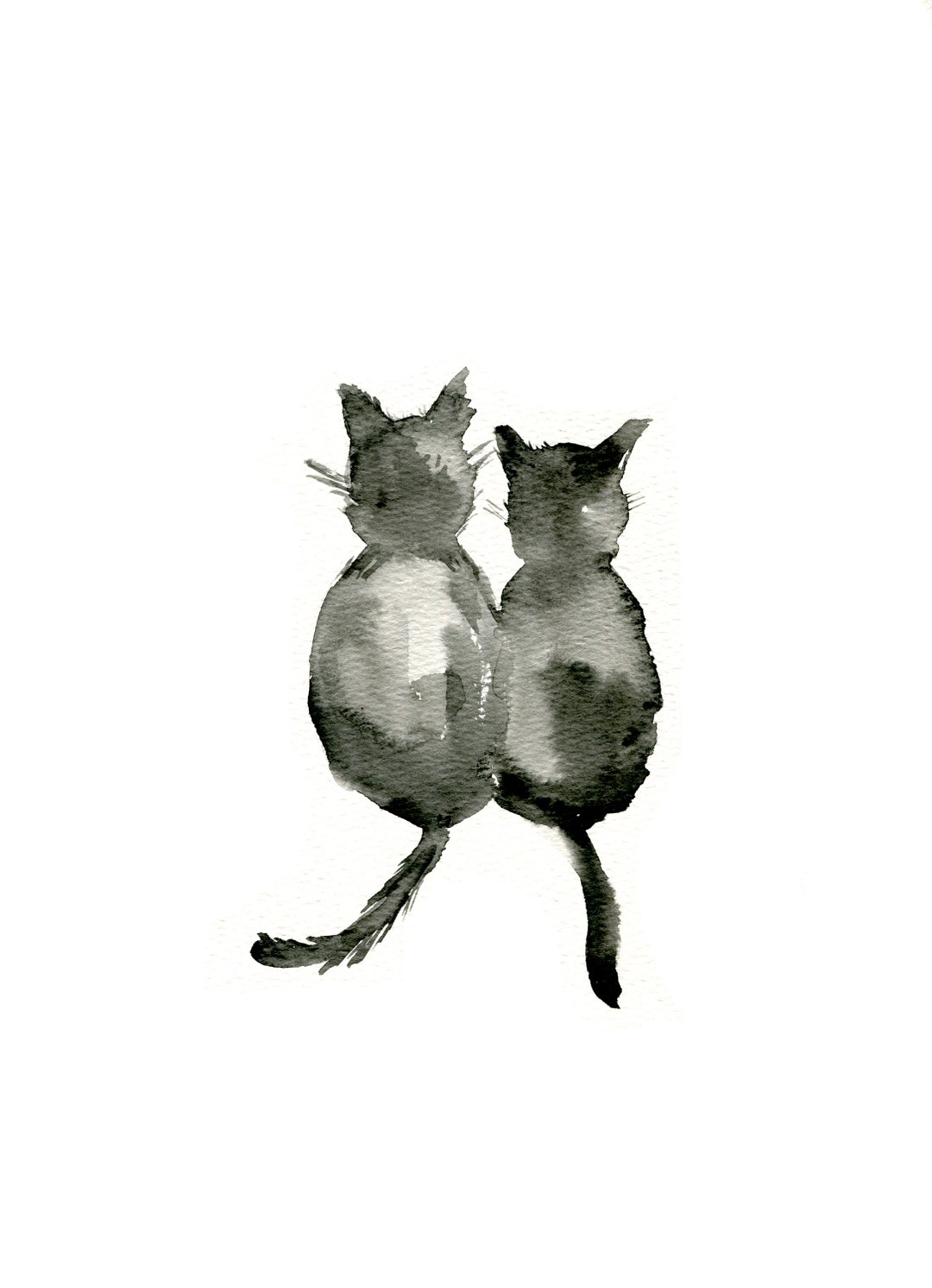 Friends Wall Art, 2 Black Cats Watercolour, Original Hand Painted ...