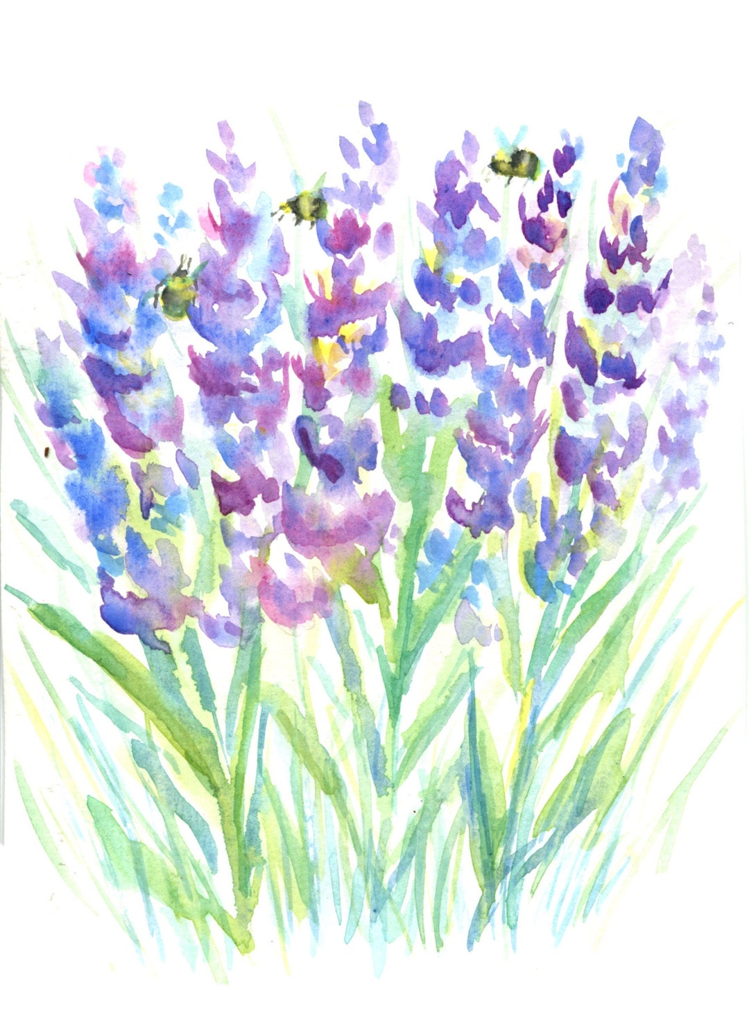 Lavender and Bees Watercolor Art, Flower Art, Honey Bees, Meadow Art ...