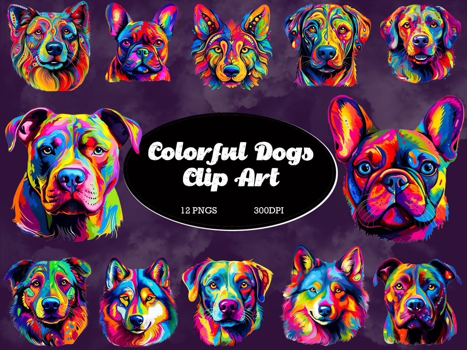 Colorful Dog Clipart, Digital Download, Transparent PNG, Dog Bundle ...