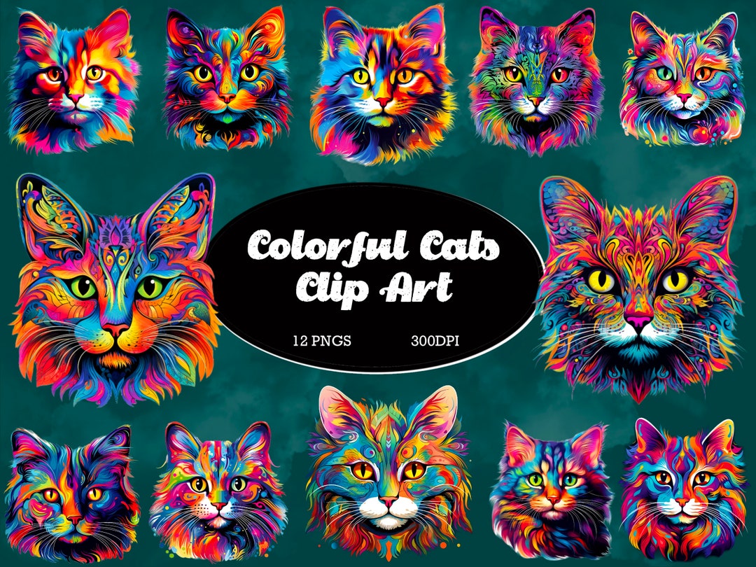 Colorful Cat Clipart, Digital Download, Transparent PNG, Cat Bundle ...