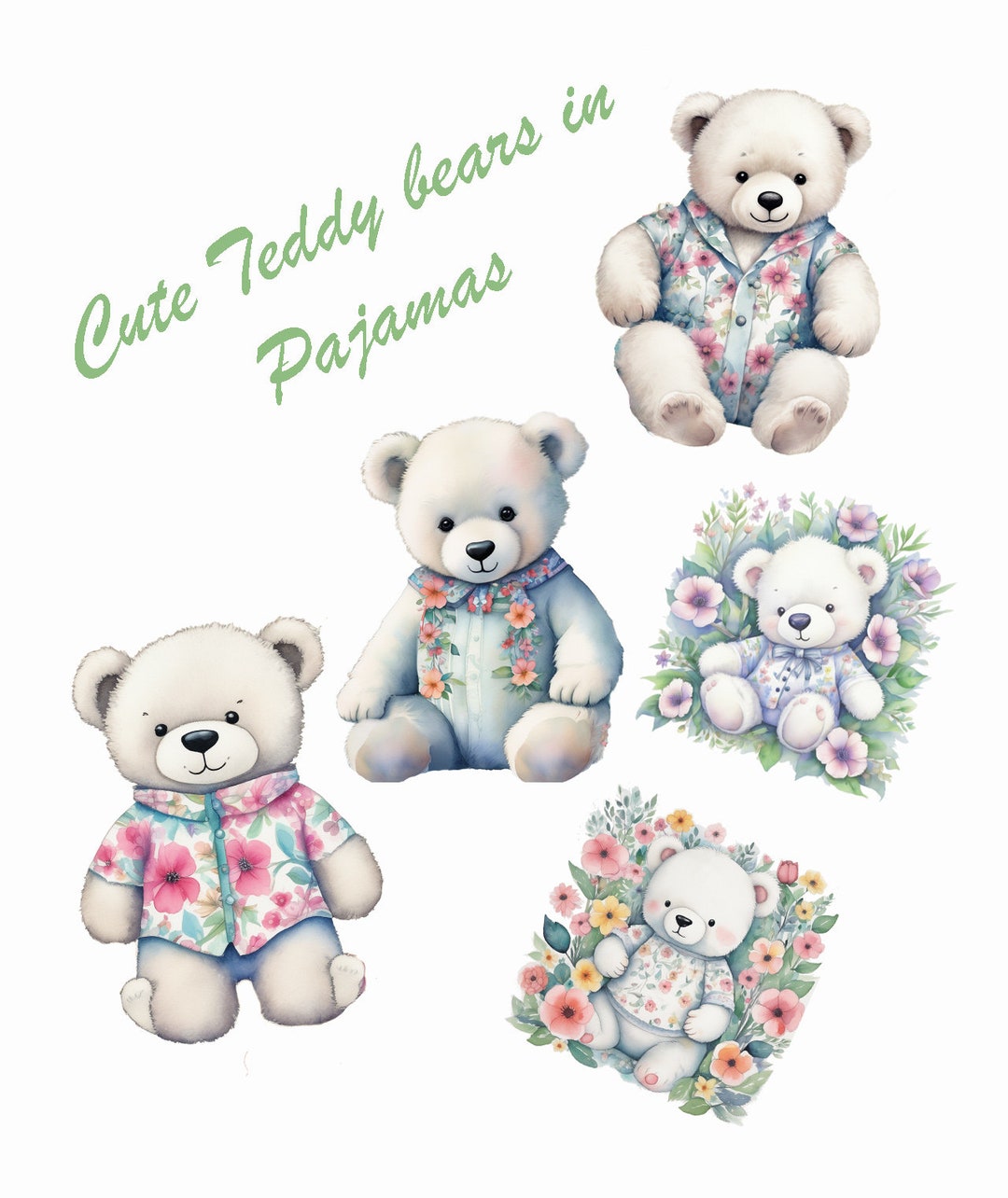 Teddy Bears in Pajamas Stickers, Cute Teddy Bear With Flowers, High ...
