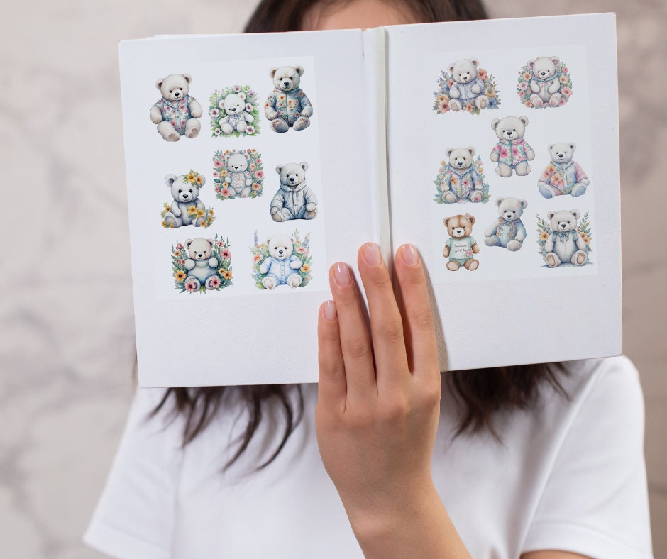 Tiny Teddy Bears in Floral Pajamas Stickers Sheets, Stationary Stickers ...