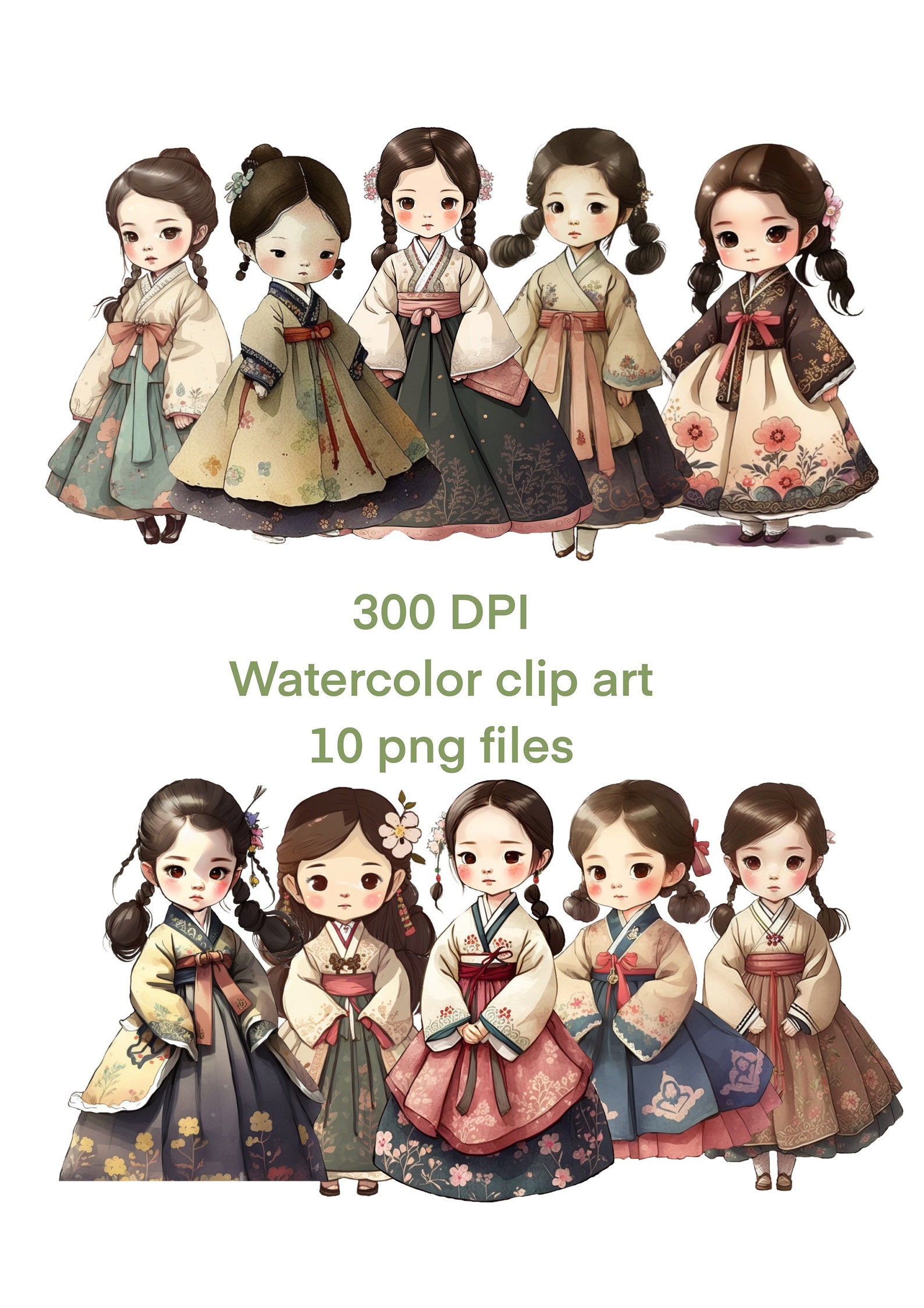 Korean Girl Hanbok Designs Clip Art, Watercolor Digital Clip Art ...
