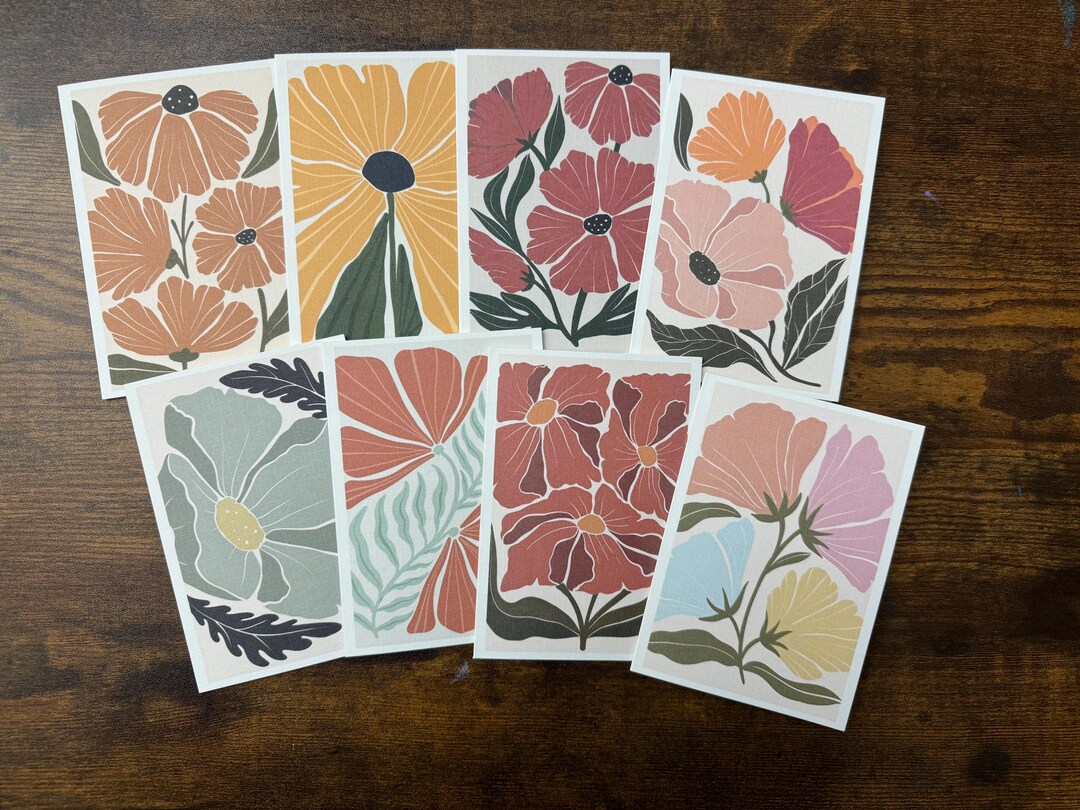 8modern Flower Note Card Set With Envelopes/thank You/blank Card/floral ...