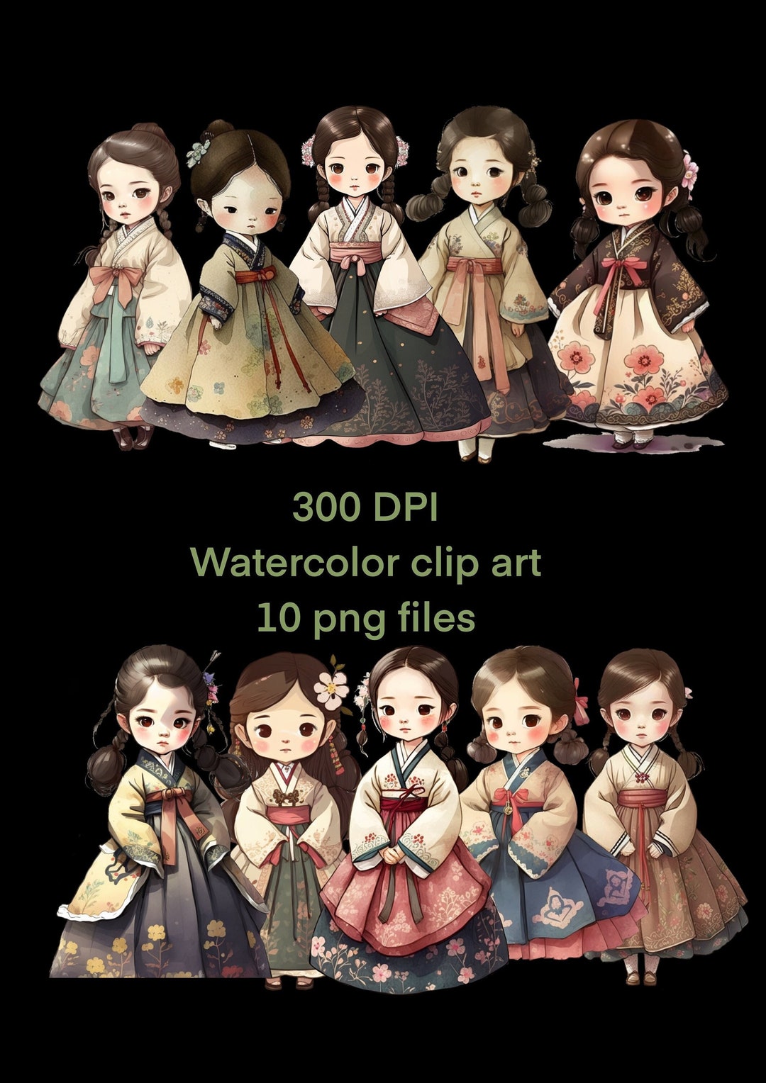 Korean Girl Hanbok Designs Clip Art, Watercolor Digital Clip Art ...