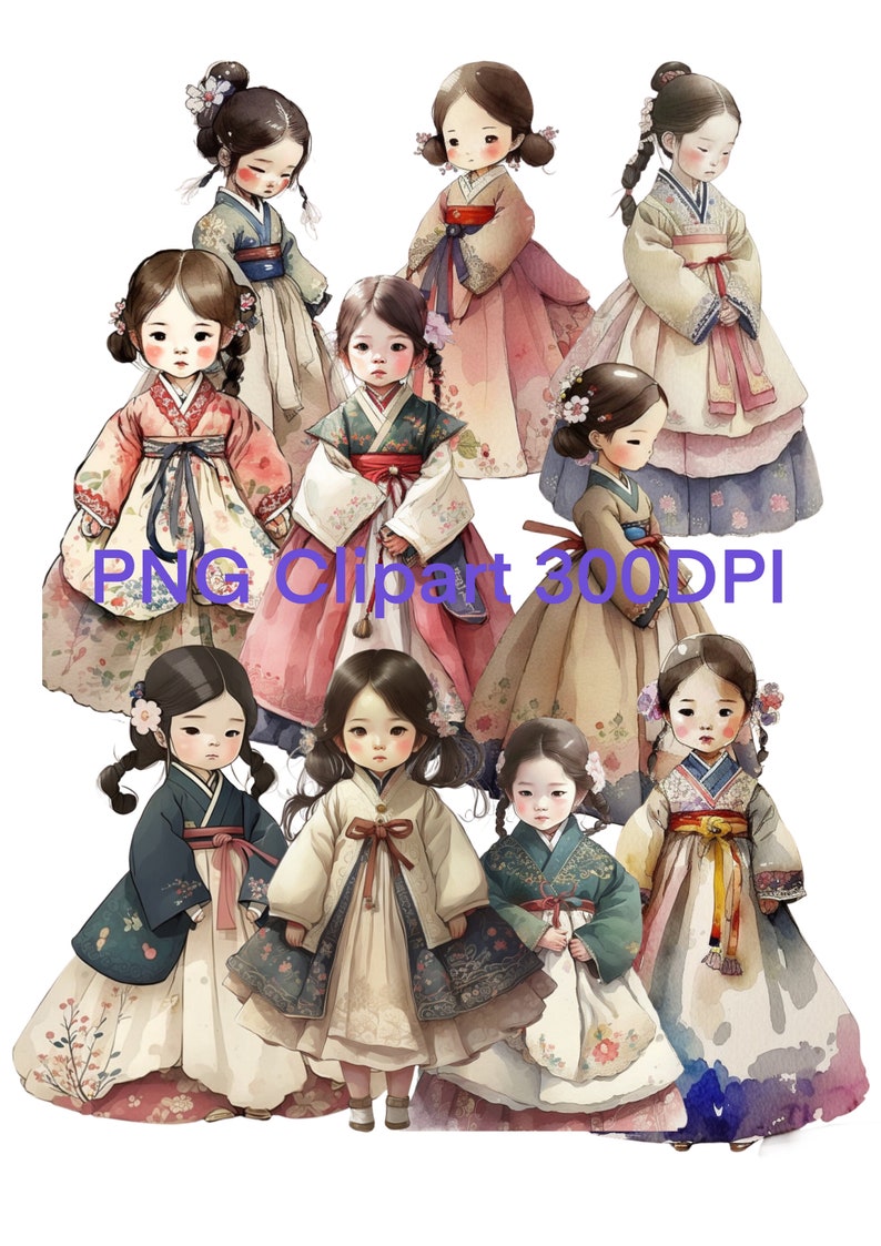 Korean Girl Hanbok Designs Clip Art, Watercolor Digital Clip Art ...