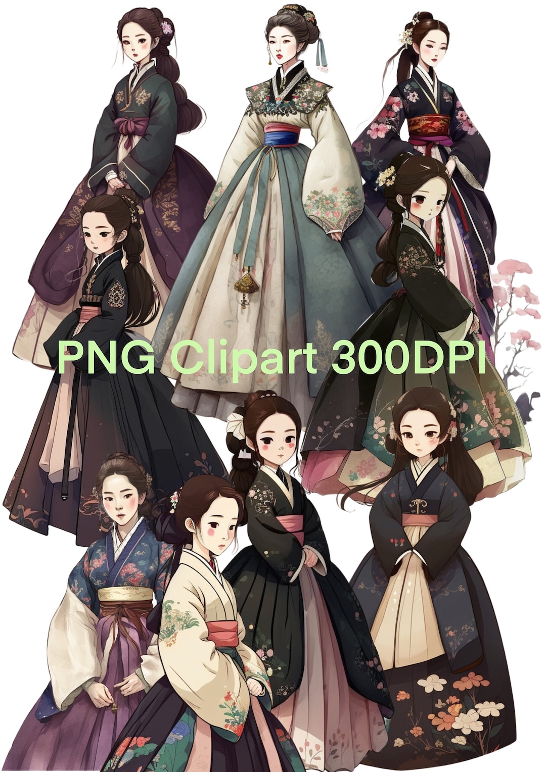 Korean Girl Hanbok Designs Clip Art, Watercolor Digital Clip Art ...