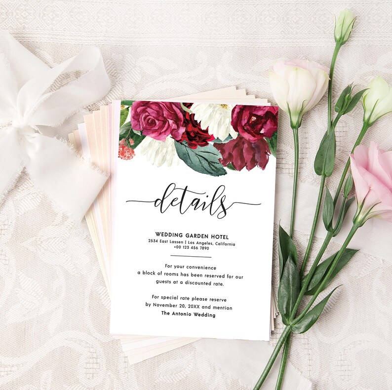 Floral Wedding Details Card Template Printable | Editable Info Insert ...