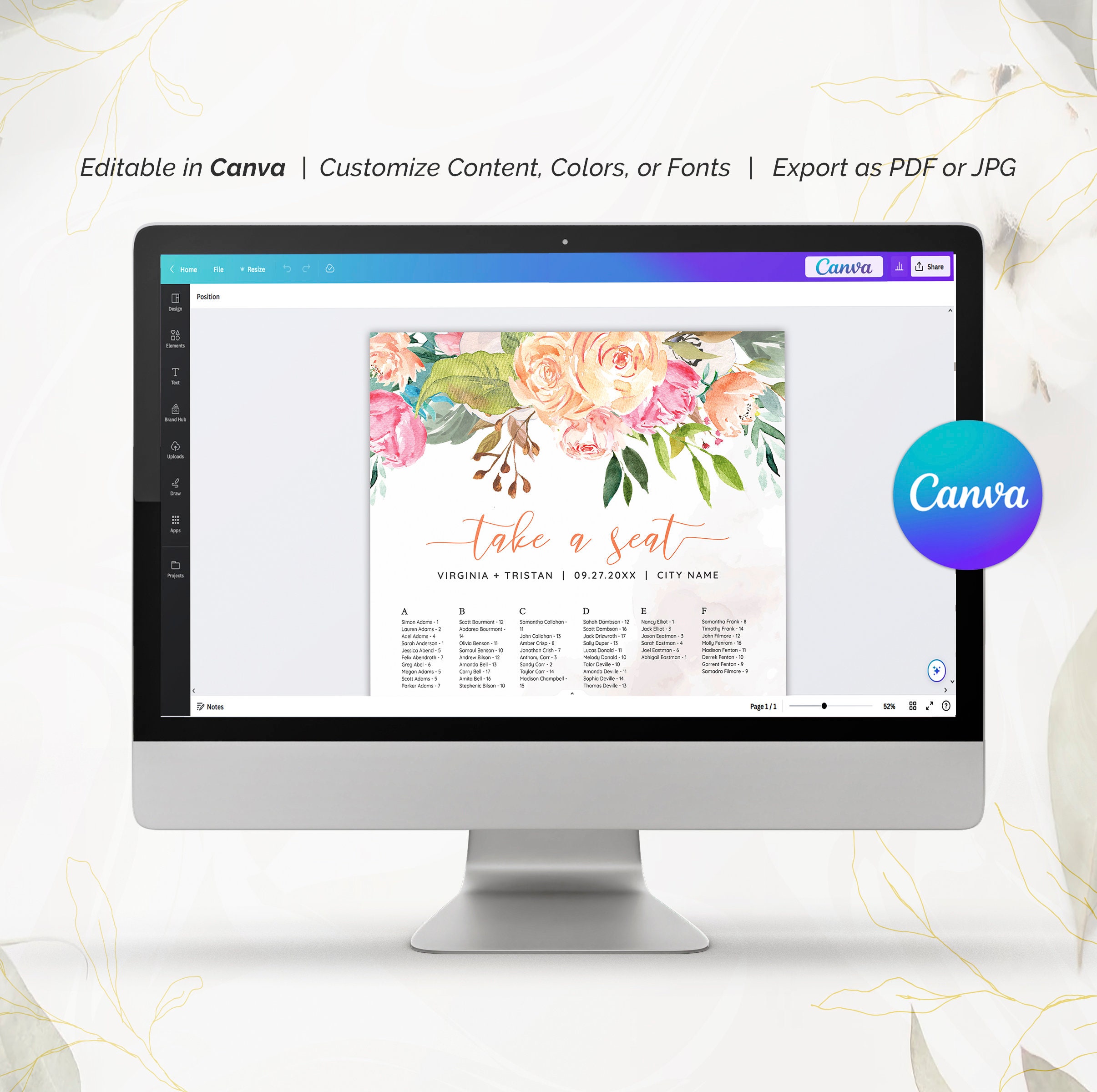 Seating Chart Template Digital Download Canva, Editable Wedding Seating ...