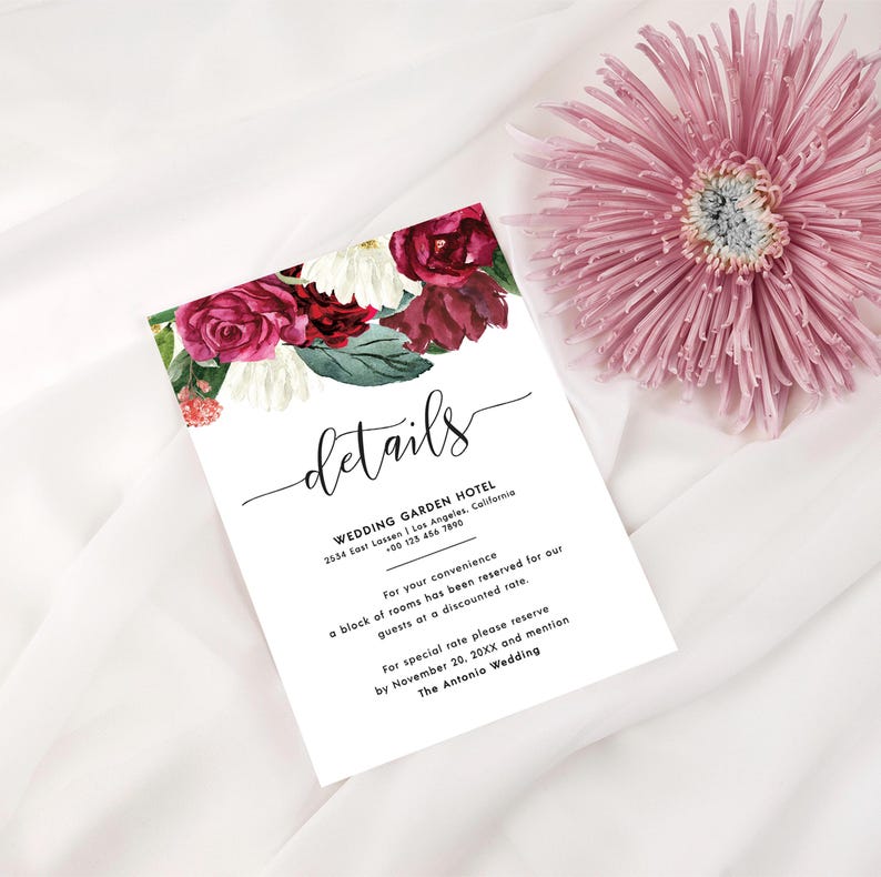 Floral Wedding Details Card Template Printable | Editable Info Insert ...