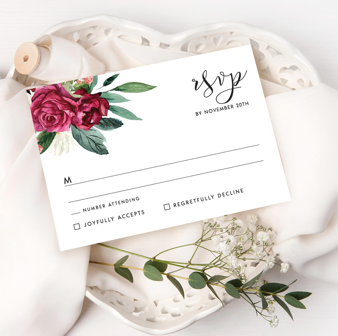 Printable Wedding RSVP Card Template | Floral Burgundy Rose RSVP ...