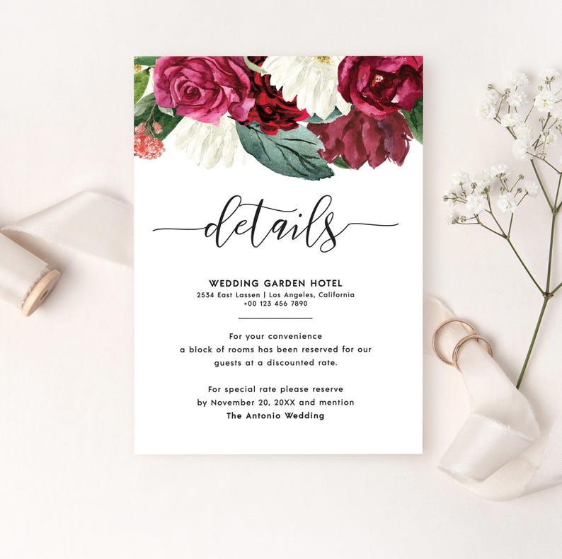 Floral Wedding Details Card Template Printable | Editable Info Insert ...