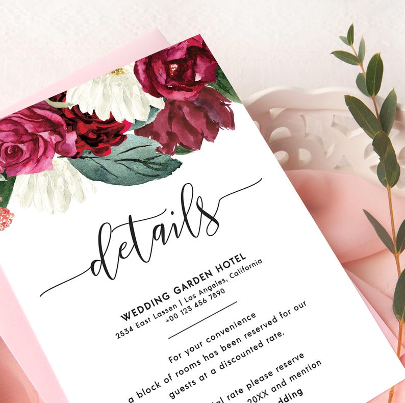 Floral Wedding Details Card Template Printable | Editable Info Insert ...