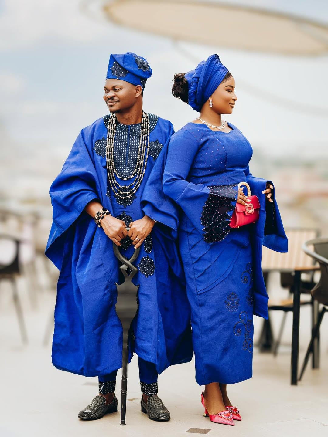 Nigerian Couple Matching Agbada and Gele Set: Royal Blue Embroidered ...