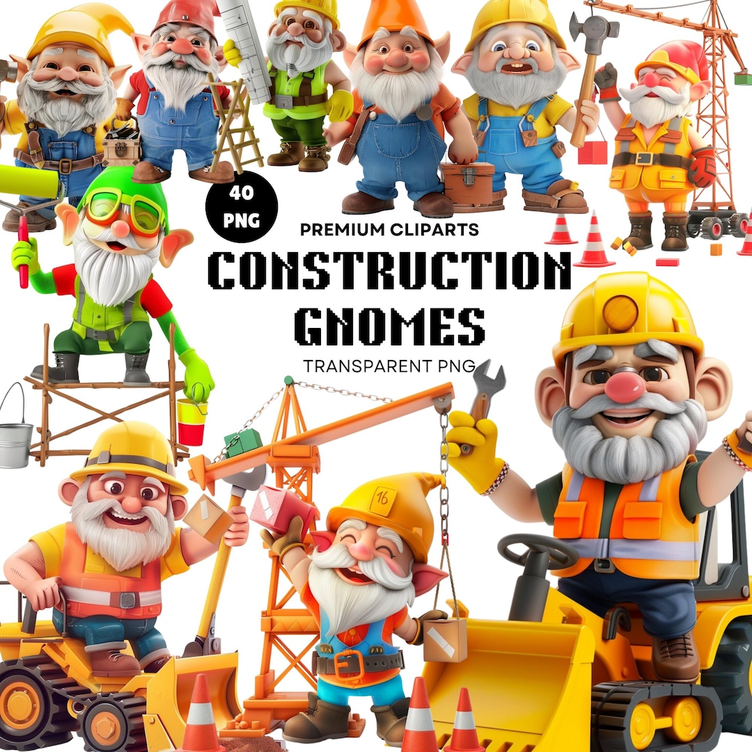 40 Construction Gnome PNG Cliparts – Adorable Builder Gnomes With Tools for Crafts, Scrapbooking ...
