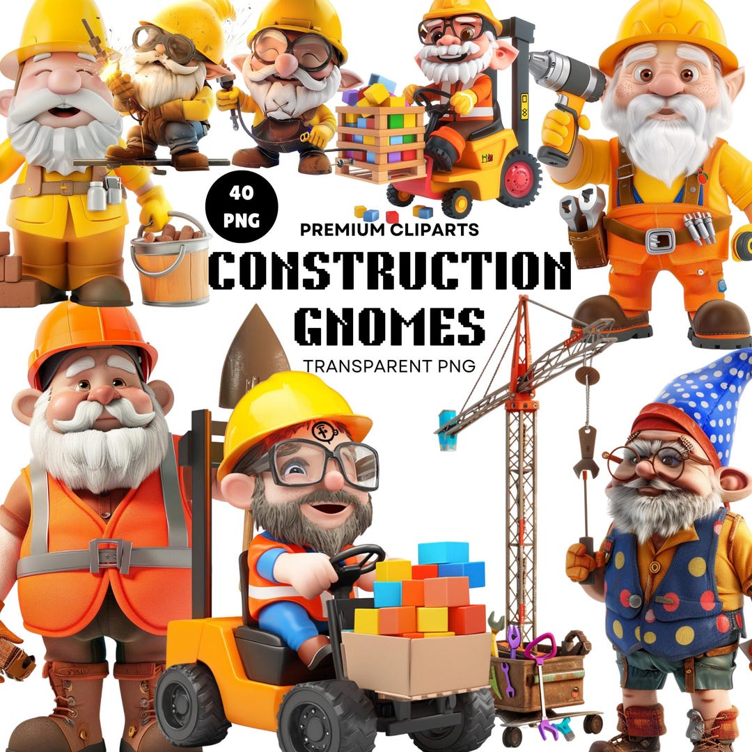 40 Construction Gnome PNG Clipart Set – Cute Builder Gnomes With Tools ...