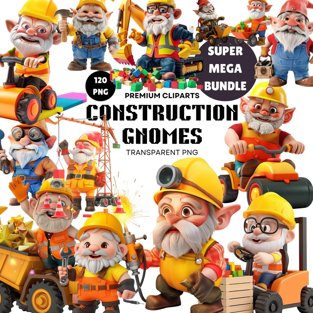 120 Construction Gnome Clipart Bundle – Adorable Builder Gnomes With Tools & Vehicles for Crafts ...