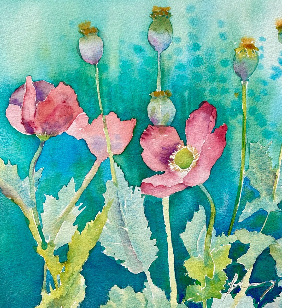 Pink Poppies Flowers Watercolor Original Garden Greens Blues Peaceful ...