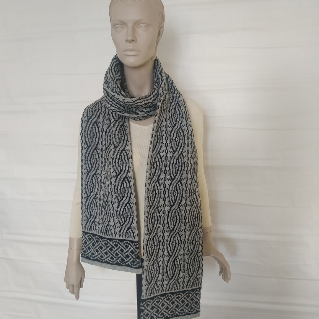 Gray Hand Knit Wool Celtic Knot Print Extra Long Unisex Scarf Oversized ...