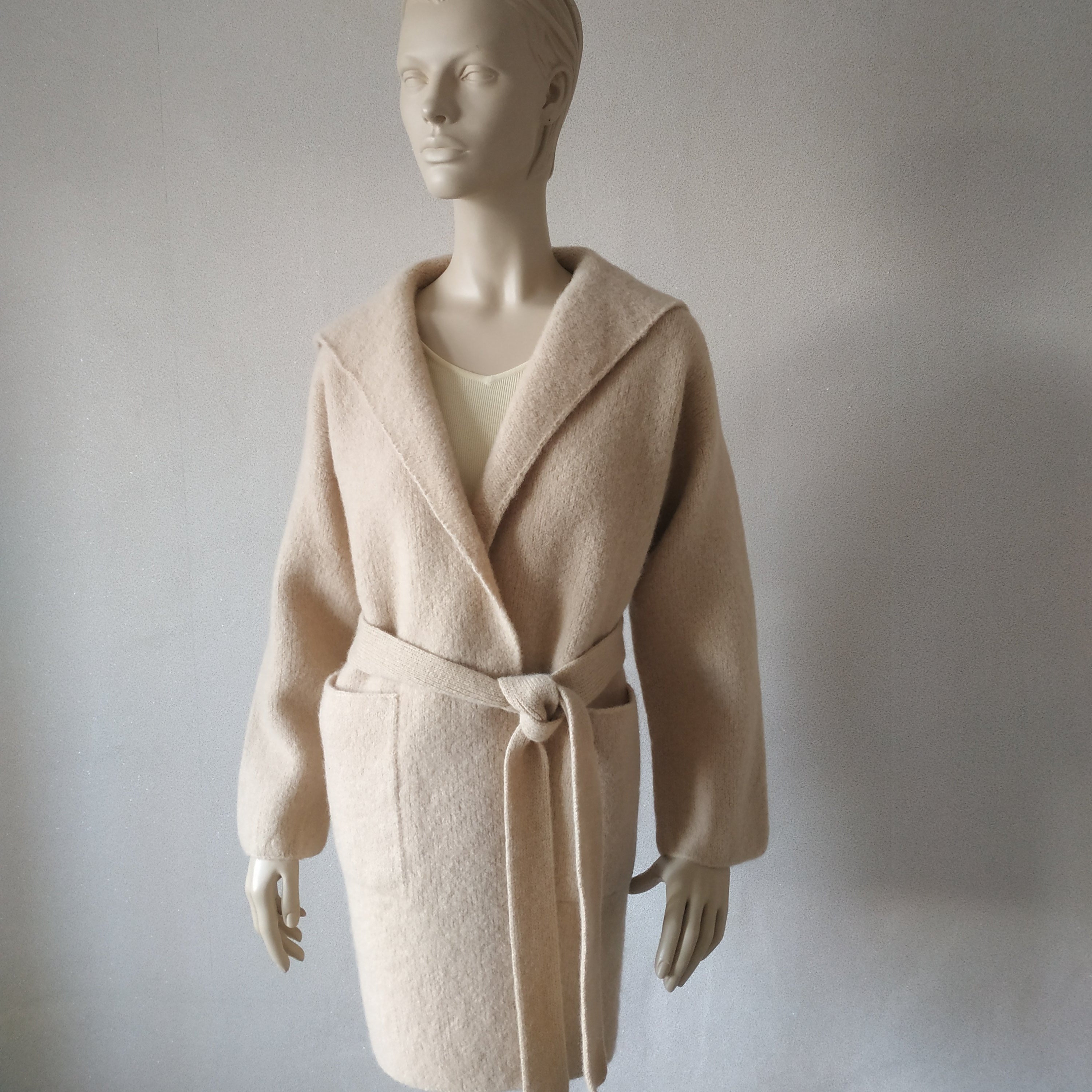 Beige Wool Cape Coat Boiled Wool Knit Belted Wrap Cardigan Kimono Open ...