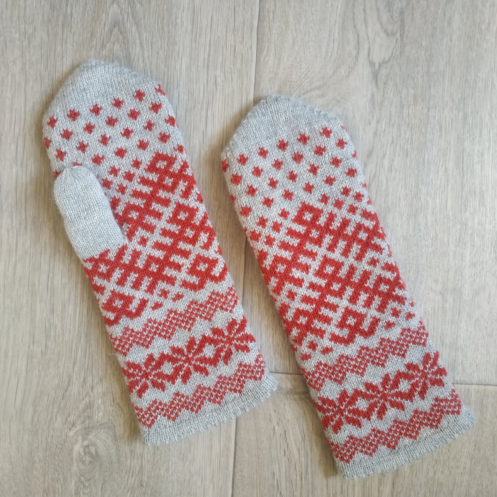 Soft Pure Wool Hand Knitted Extra Long Double Gray Mittens With Dark ...