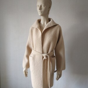 Beige Wool Cape Coat Boiled Wool Knit Belted Wrap Cardigan Kimono Open ...