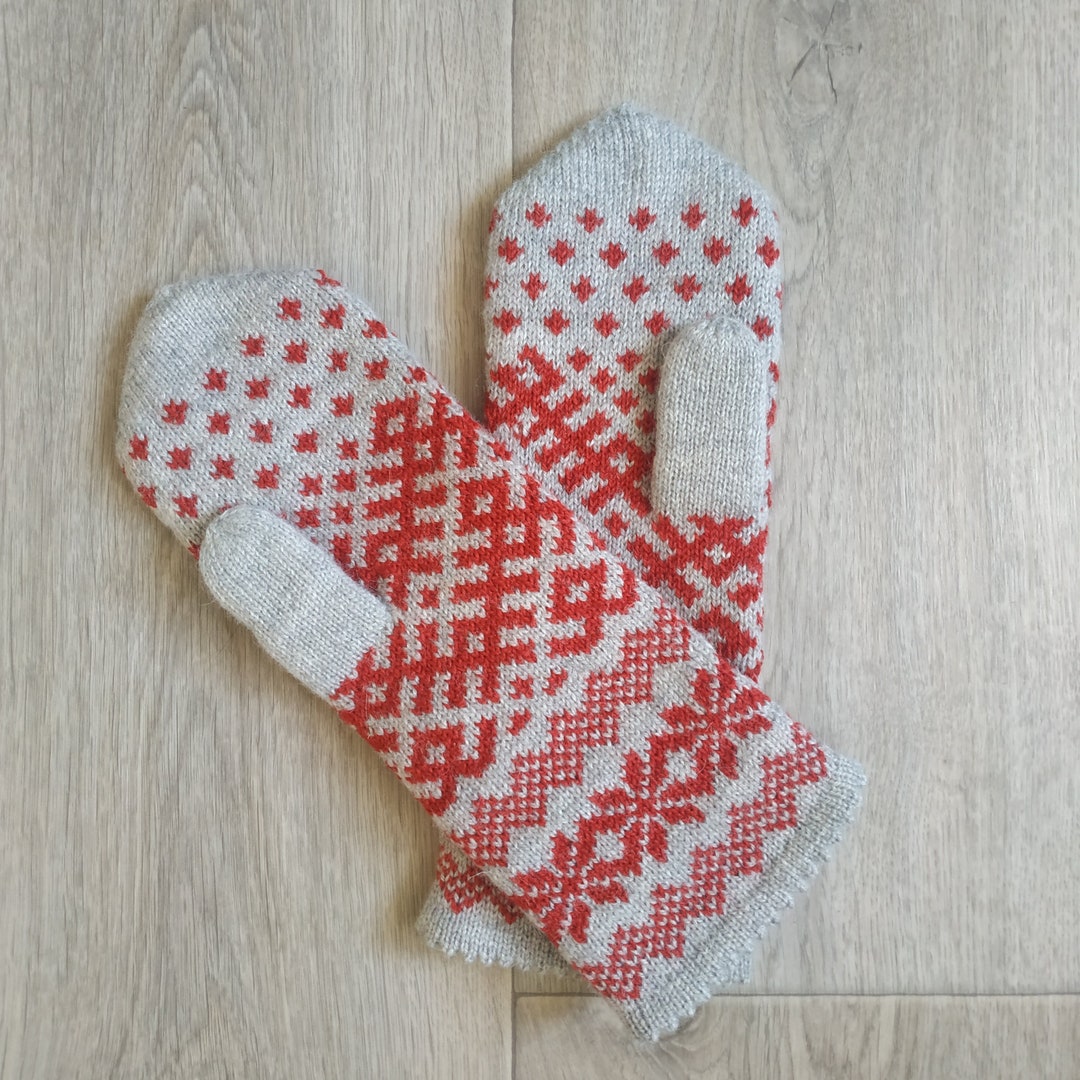 Soft Pure Wool Hand Knitted Extra Long Double Gray Mittens With Dark ...
