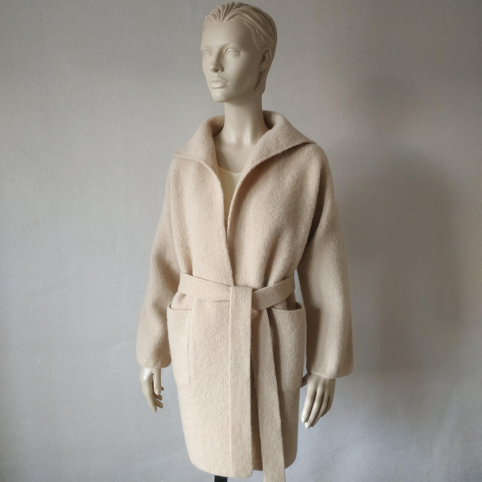 Beige Wool Cape Coat Boiled Wool Knit Belted Wrap Cardigan Kimono Open ...