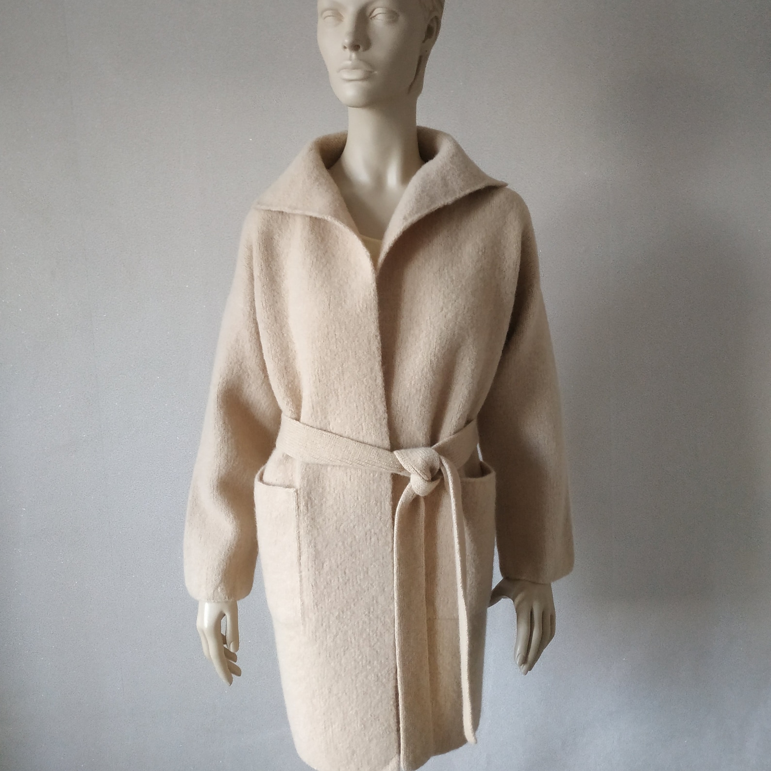 Beige Wool Cape Coat Boiled Wool Knit Belted Wrap Cardigan Kimono Open ...