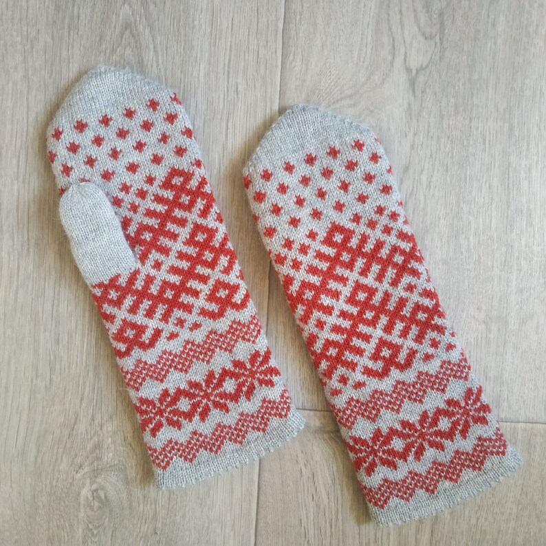 Soft Pure Wool Hand Knitted Extra Long Double Gray Mittens With Dark ...
