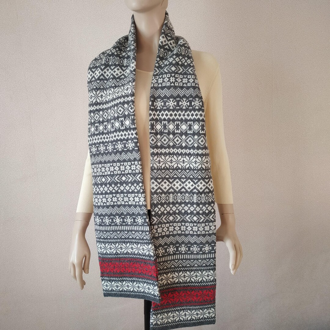 Long Grey Red White Scandi Style Wool Scarf Hand Knit Colorful Unisex ...