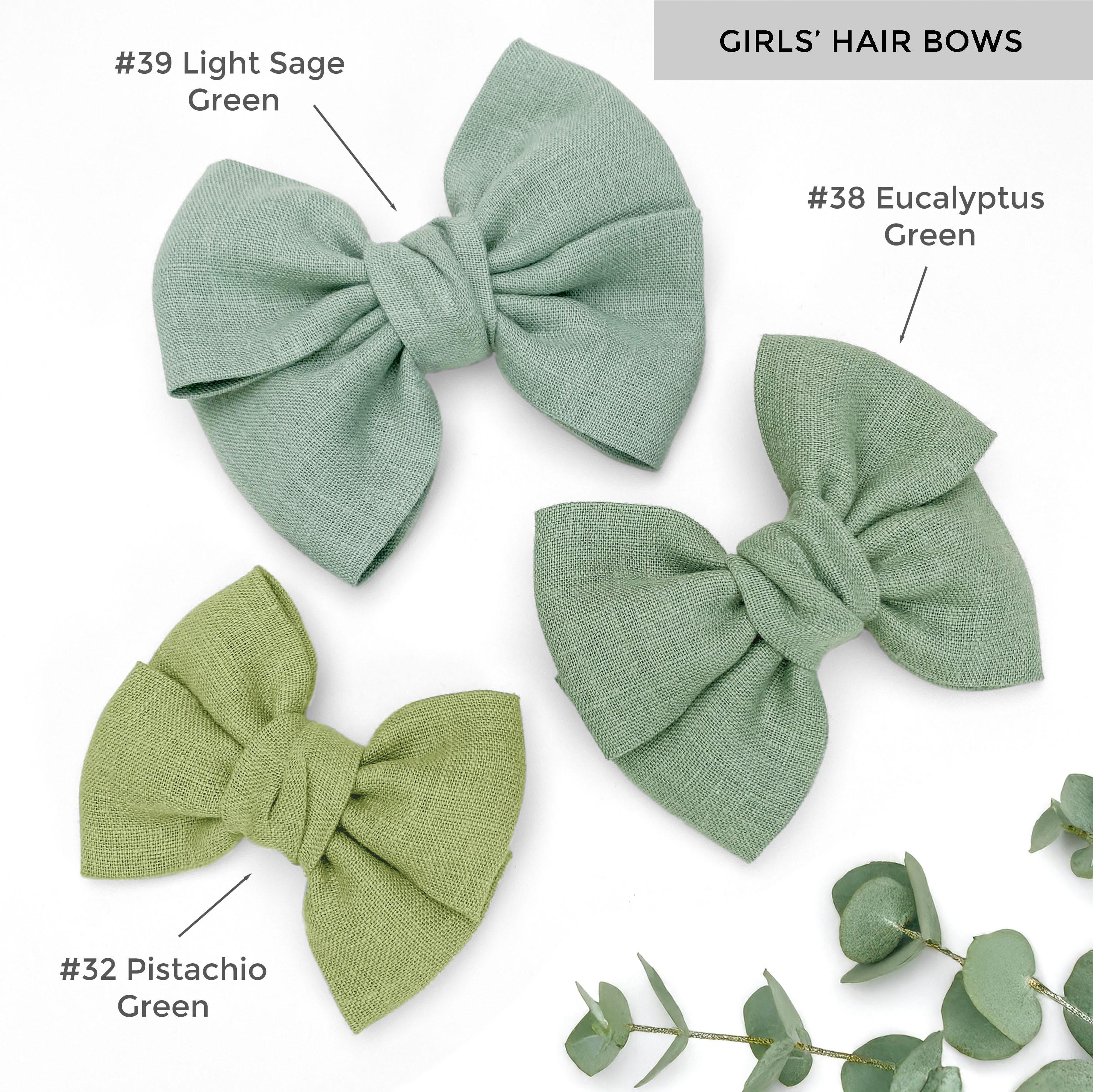 Green Flower Girl Hair Bow, Girls Linen Sash Belt With Bow Eucalyptus ...