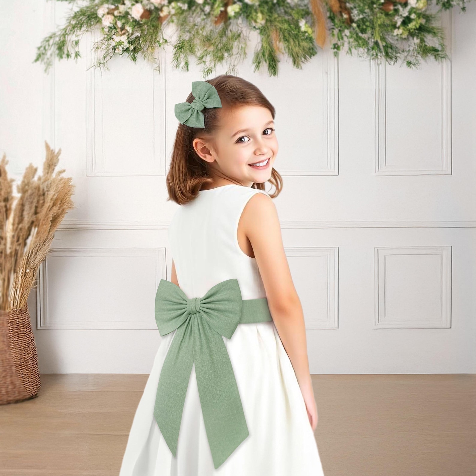 Green Flower Girl Hair Bow, Girls Linen Sash Belt With Bow Eucalyptus ...